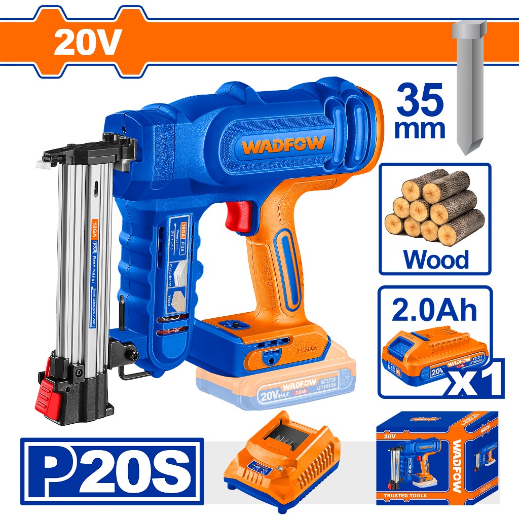 Wadfow WBJ1308 P20S/20V Lithium-Ion Cordless Brad Nailer Kit w/ 1pc Ba ...